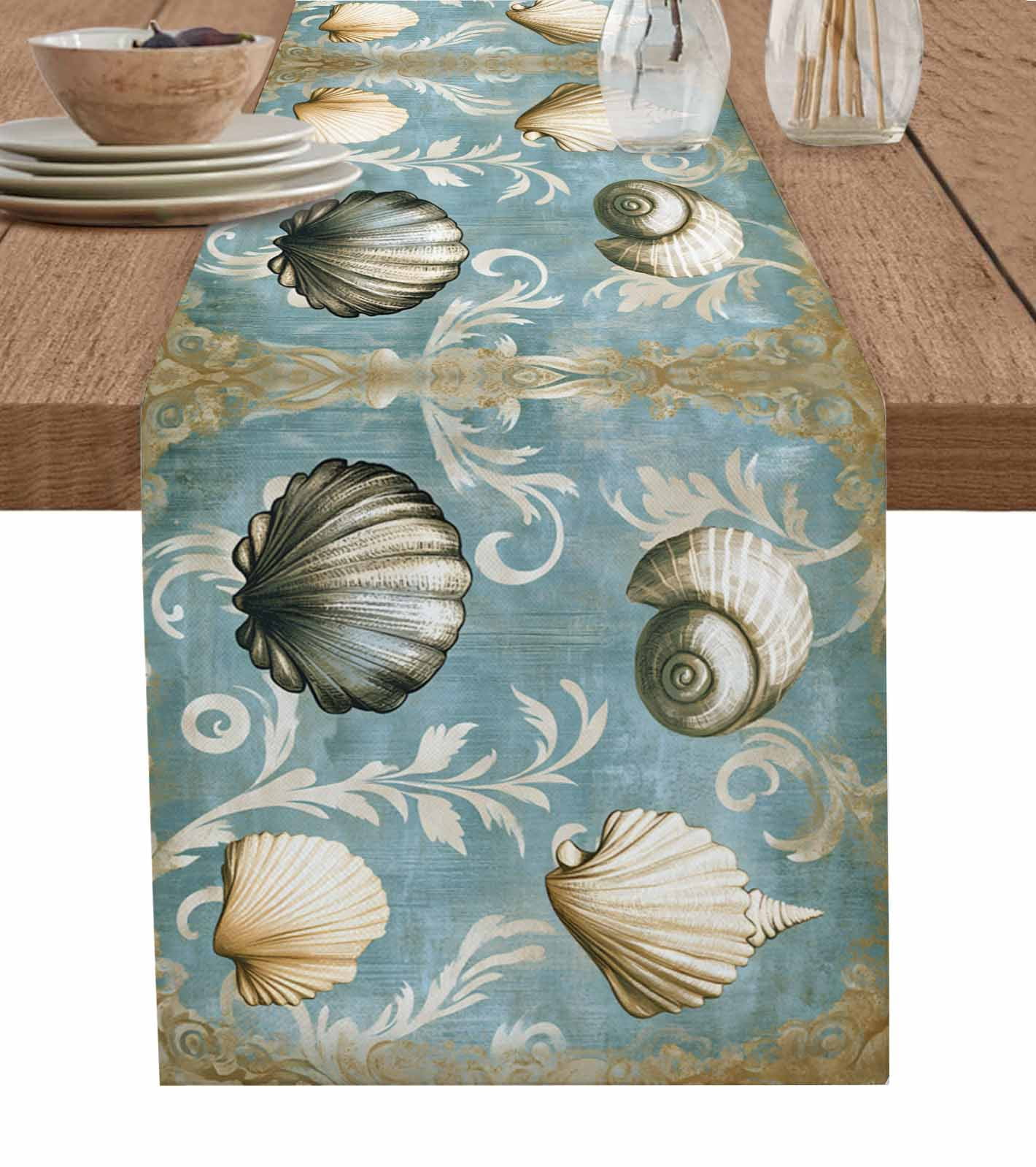 Blue Brown Coastal Table Runner 72 Inches, Vintage Ocean Beach Shell ...