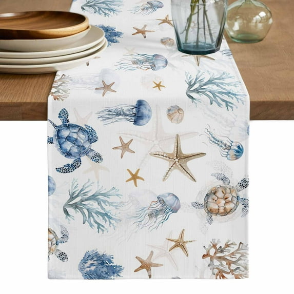 Blue Brown Coastal Table Runner, Nautical Summer Beach Sea Turtle ...