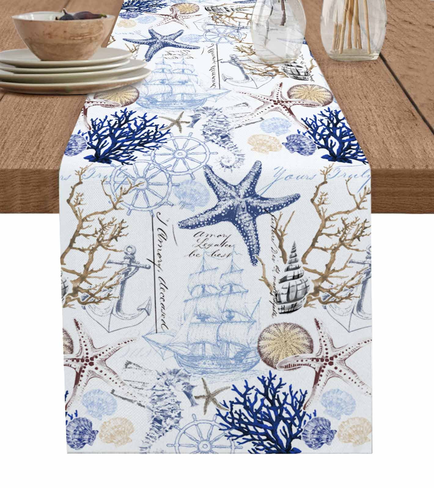 Blue Brown Coastal Table Runner Summer Beach Nautical Coral Starfish ...