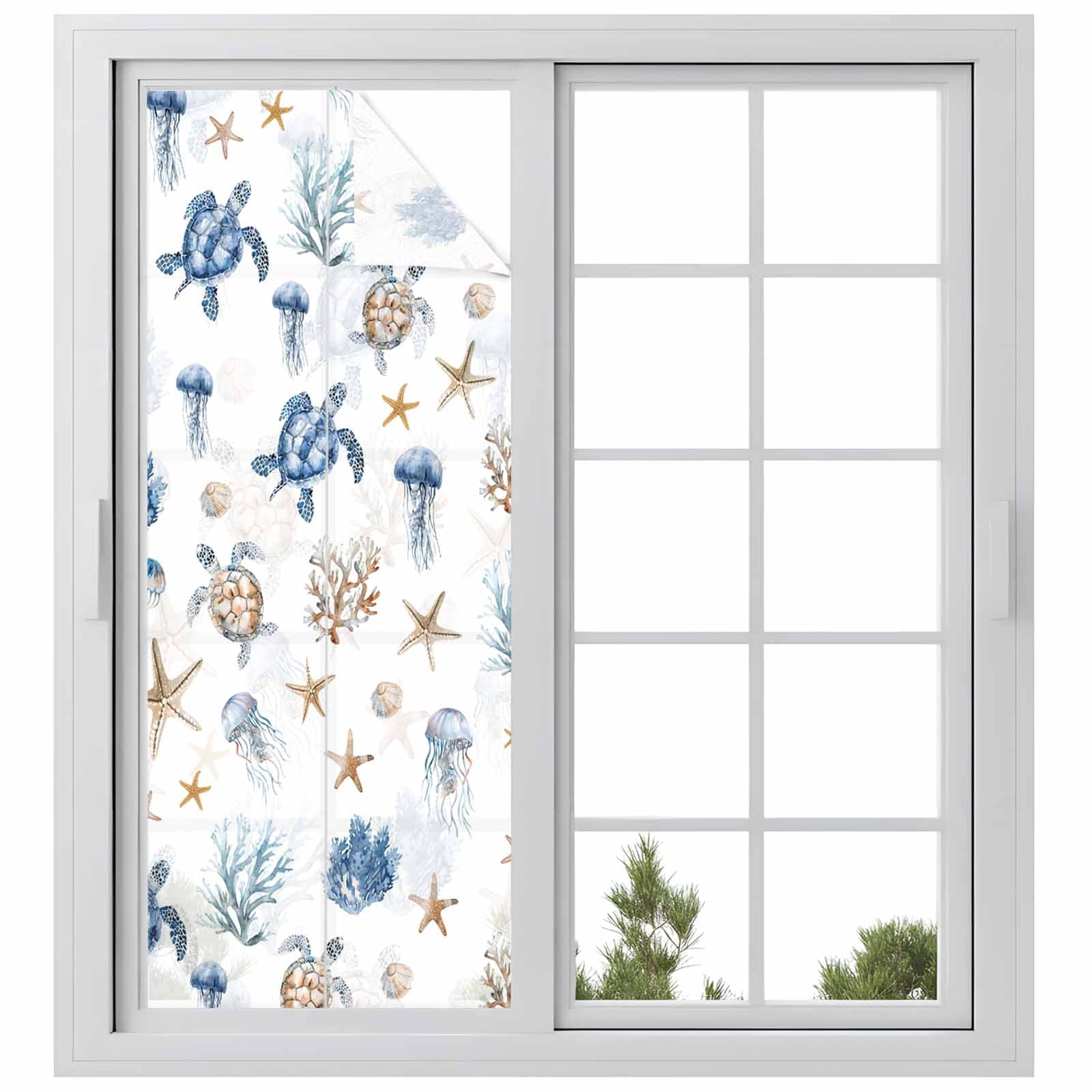 Blue Brown Coastal Window Privacy Film, Nautical Summer Beach Sea ...