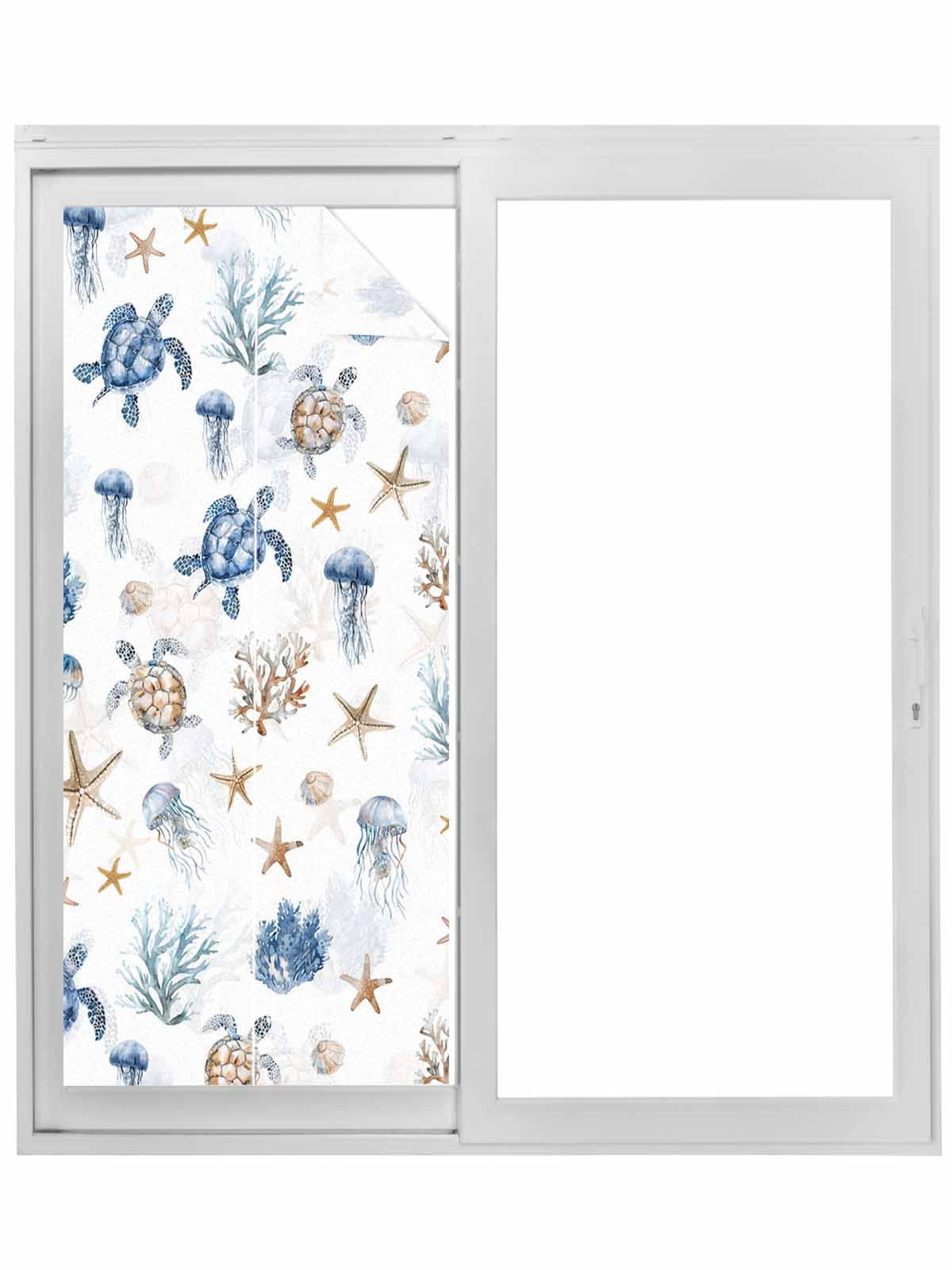 Blue Brown Coastal Window Privacy Film, Nautical Summer Beach Sea ...