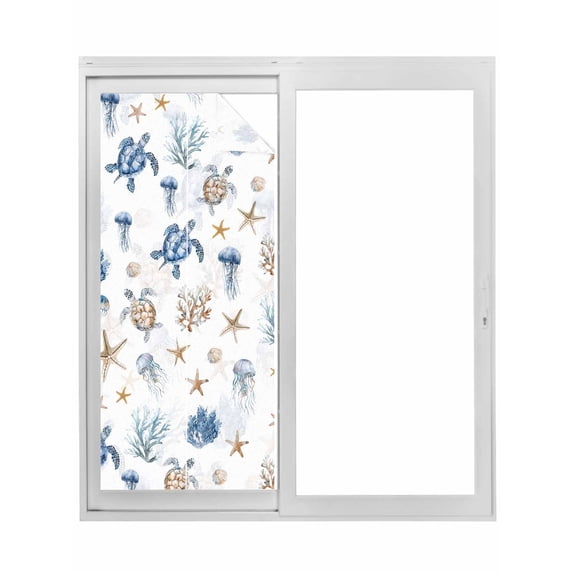 Blue Brown Coastal Window Privacy Film, Nautical Summer Beach Sea ...
