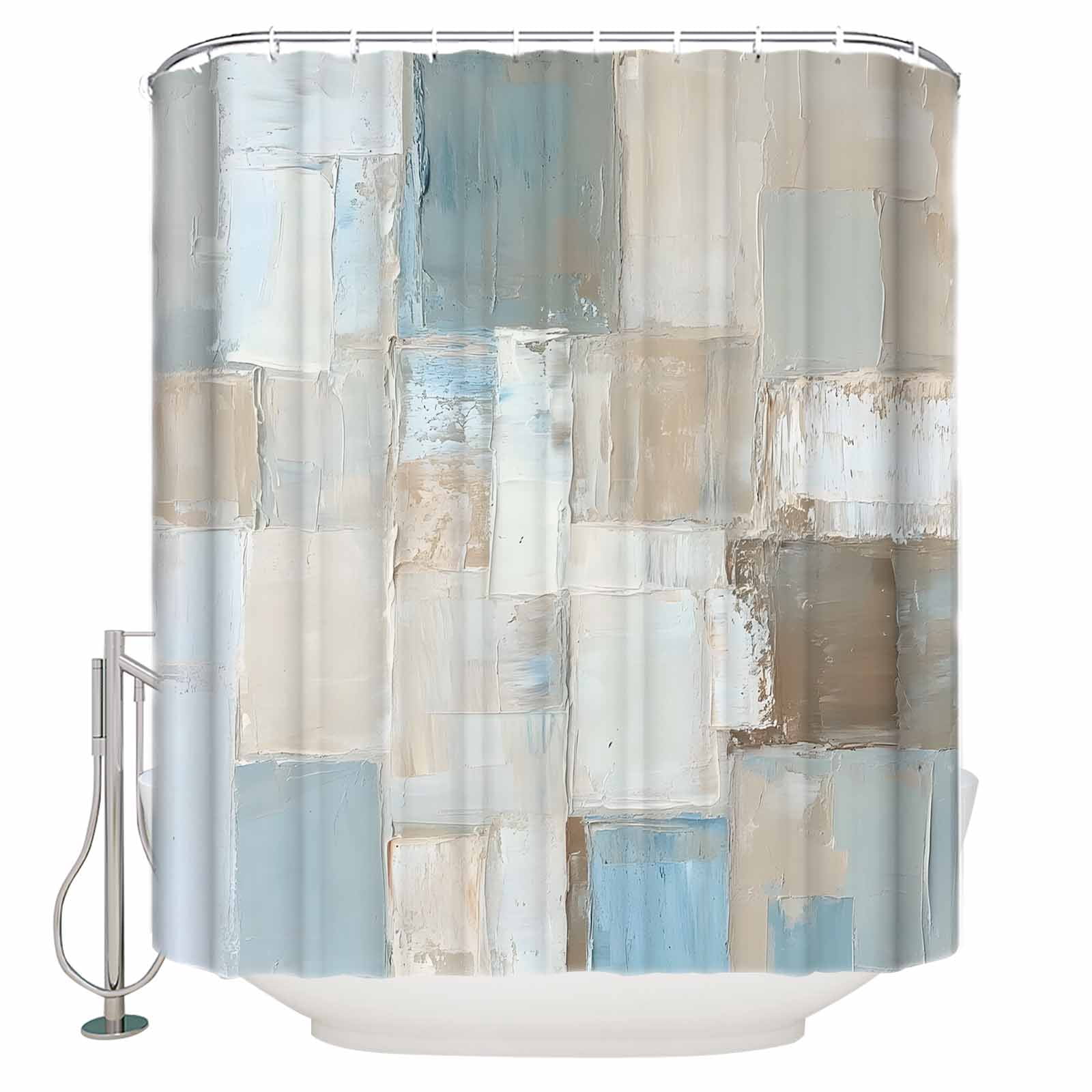 Blue Brown Color Blocks Bathroom Shower Curtains with 12 Hooks ...