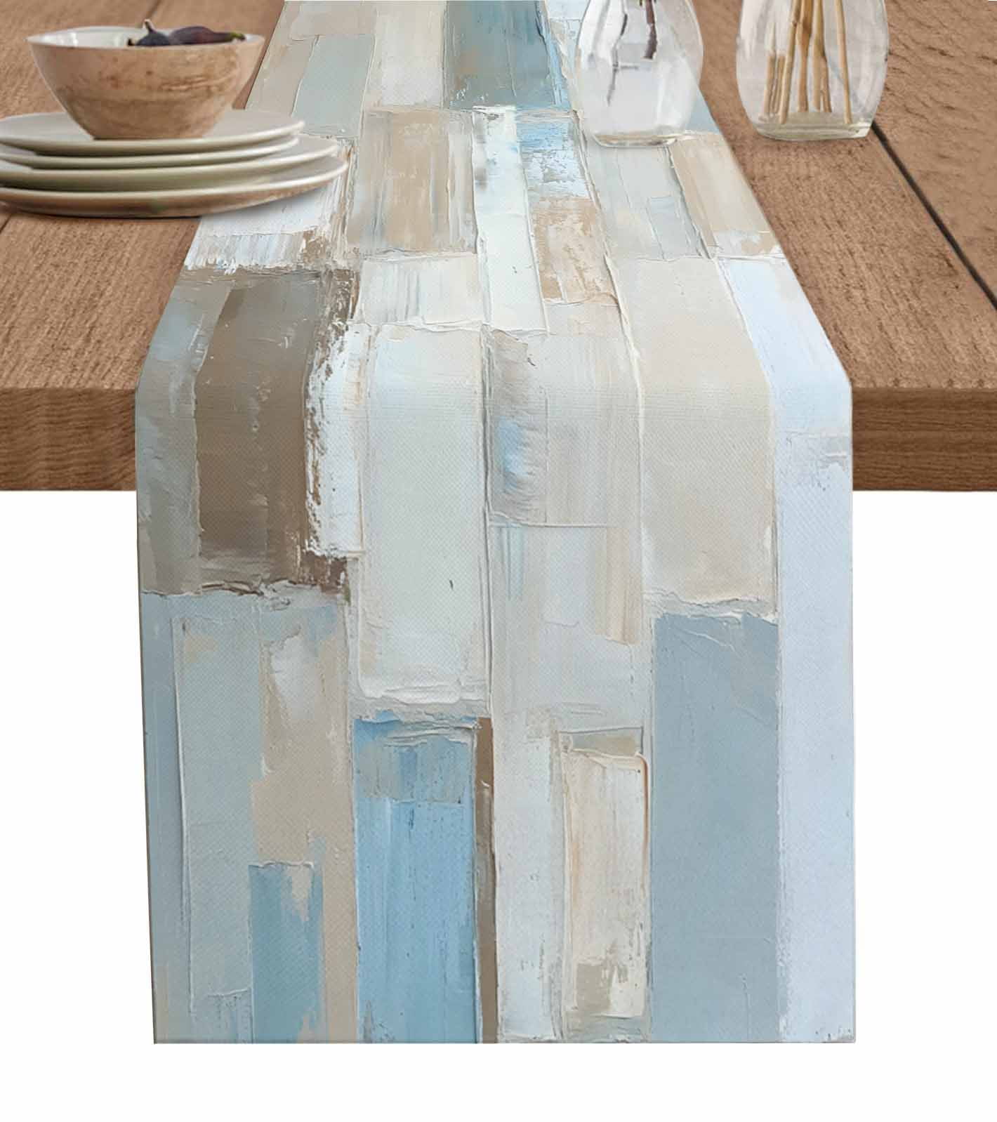 Blue Brown Color Blocks Burlap Cotton Table Runner 13x48 Inches Long ...