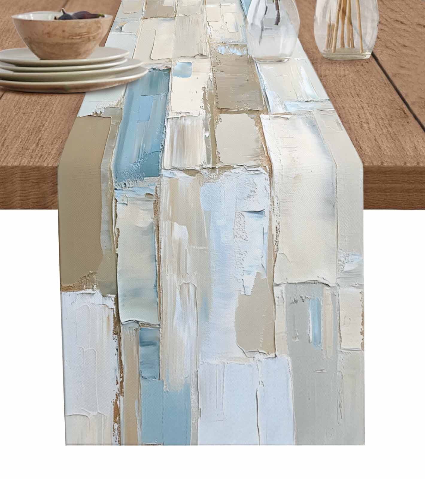 Blue Brown Color Blocks Burlap Cotton Table Runner 13x70 Inches Long ...