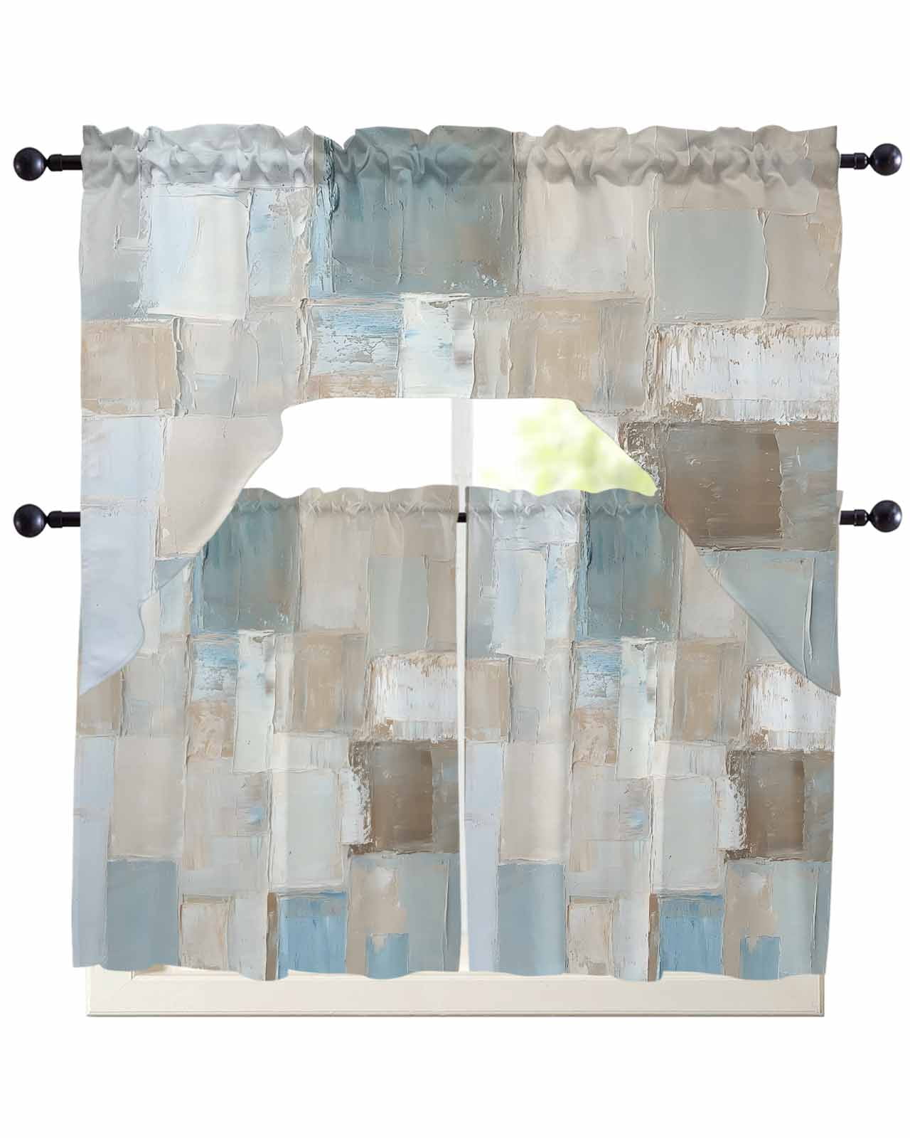 Blue Brown Color Blocks Kitchen Curtain and Valance Set 3 Pieces,Rod ...