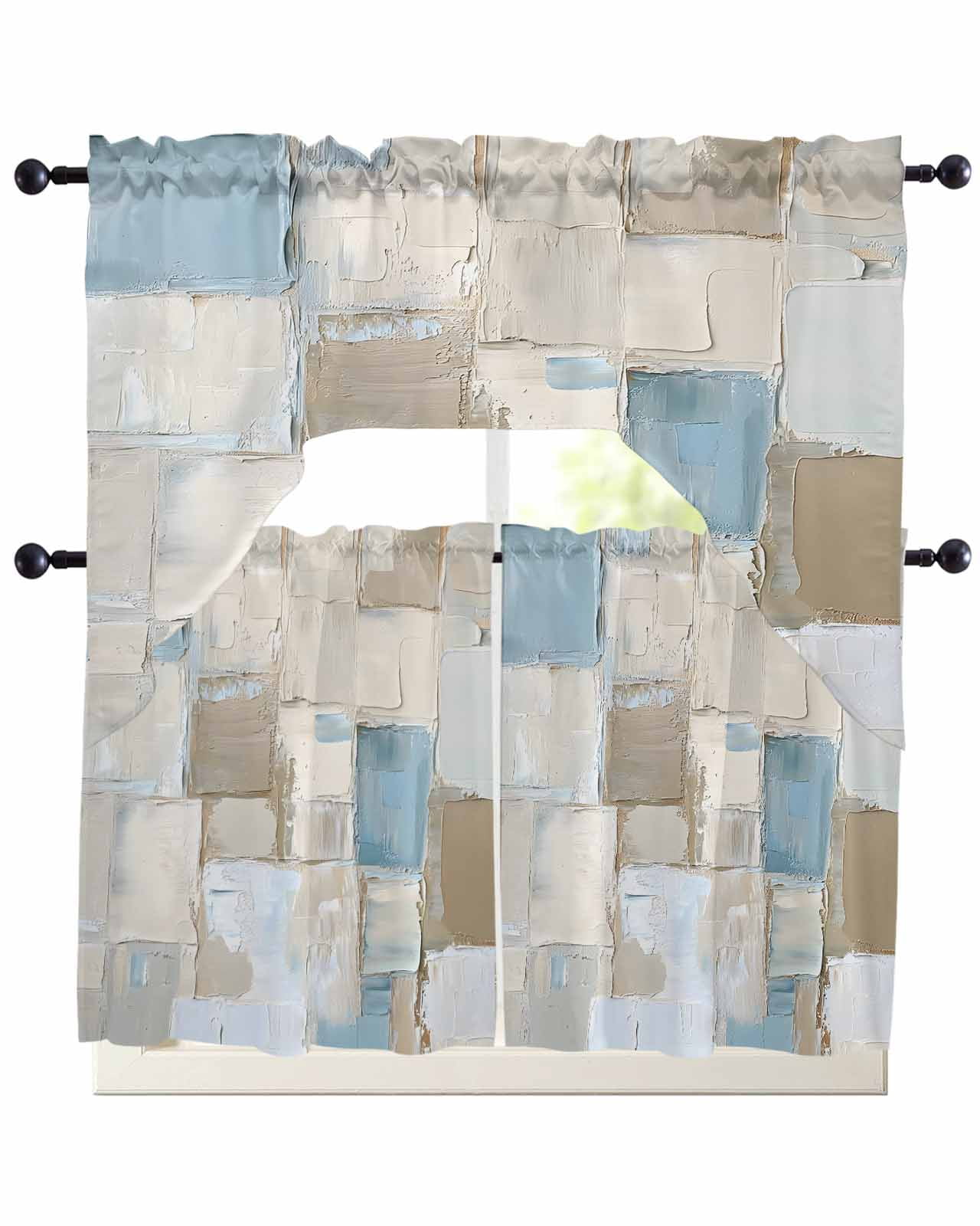 Blue Brown Color Blocks Kitchen Curtains Swag Valance and Tier Curtains ...
