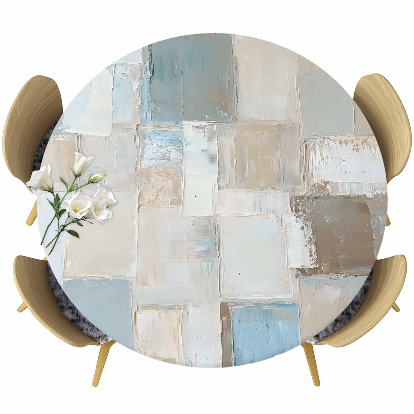 Blue Brown Color Blocks Round Tablecloth 45-54 Inch Round Fitted Table ...