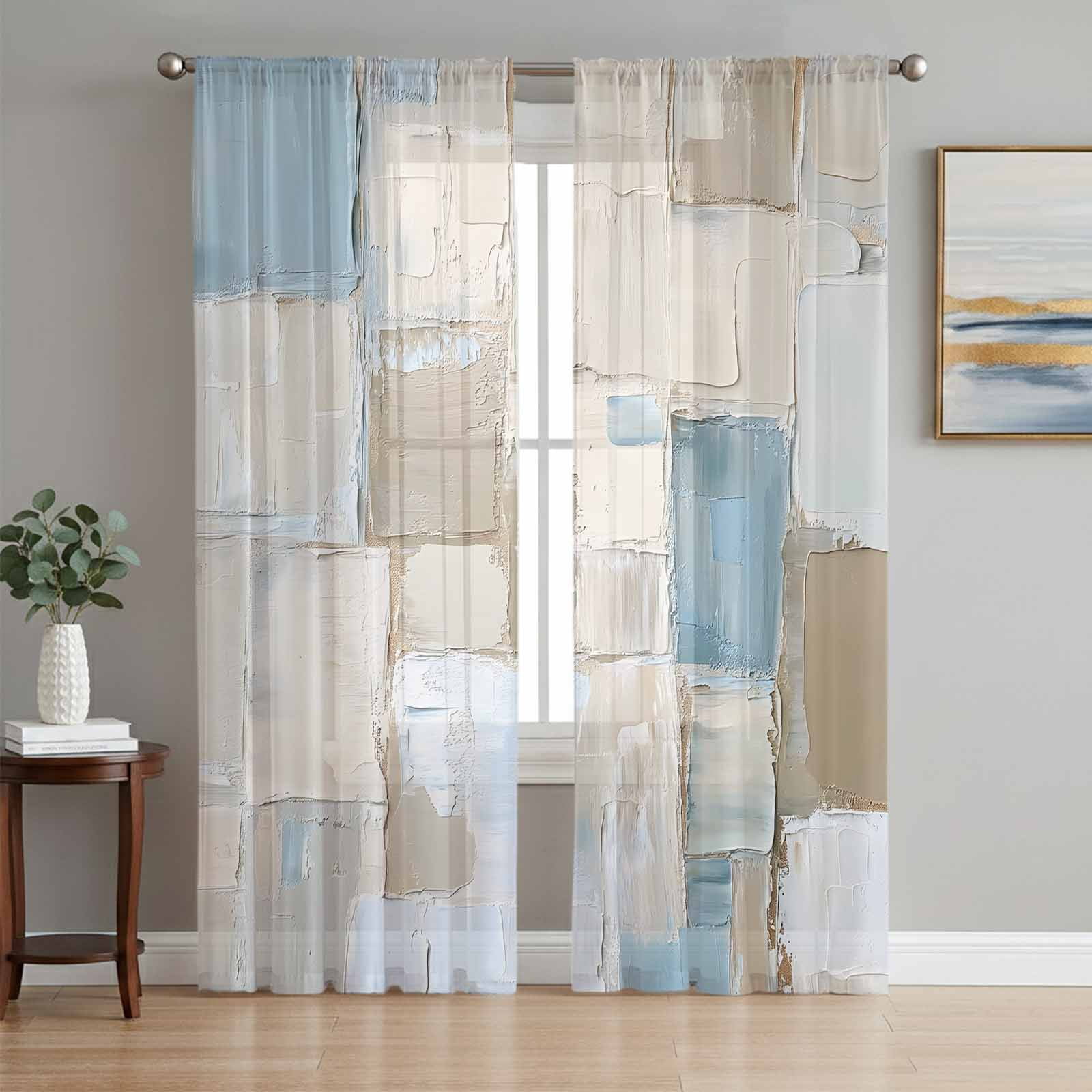 Blue Brown Color Blocks Sheer Curtains 72 Inch Length 2 Panels Set ...