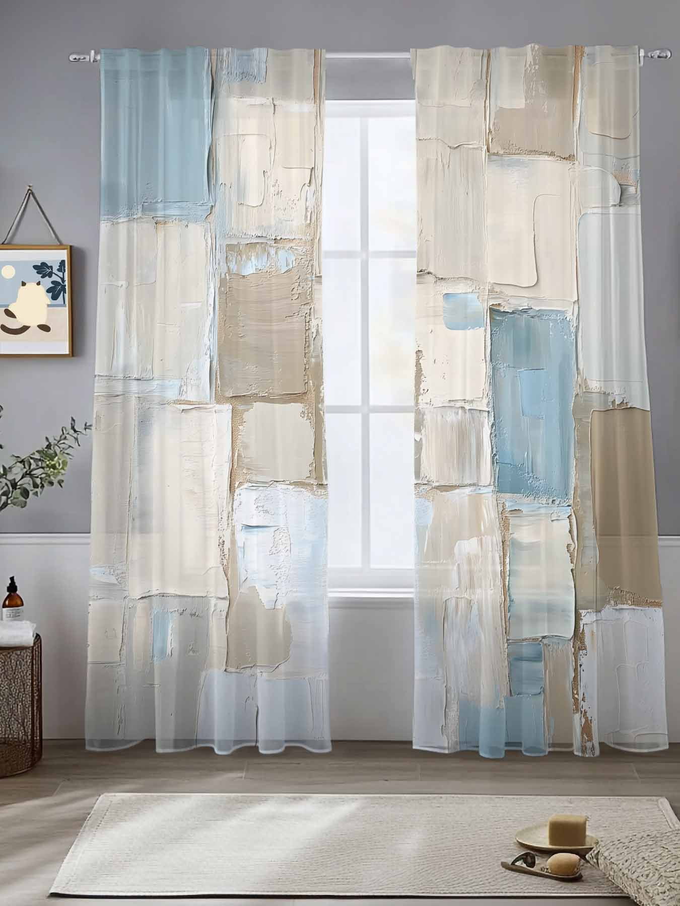 Blue Brown Color Blocks Sheer Curtains for Living Room Bedroom Abstract ...