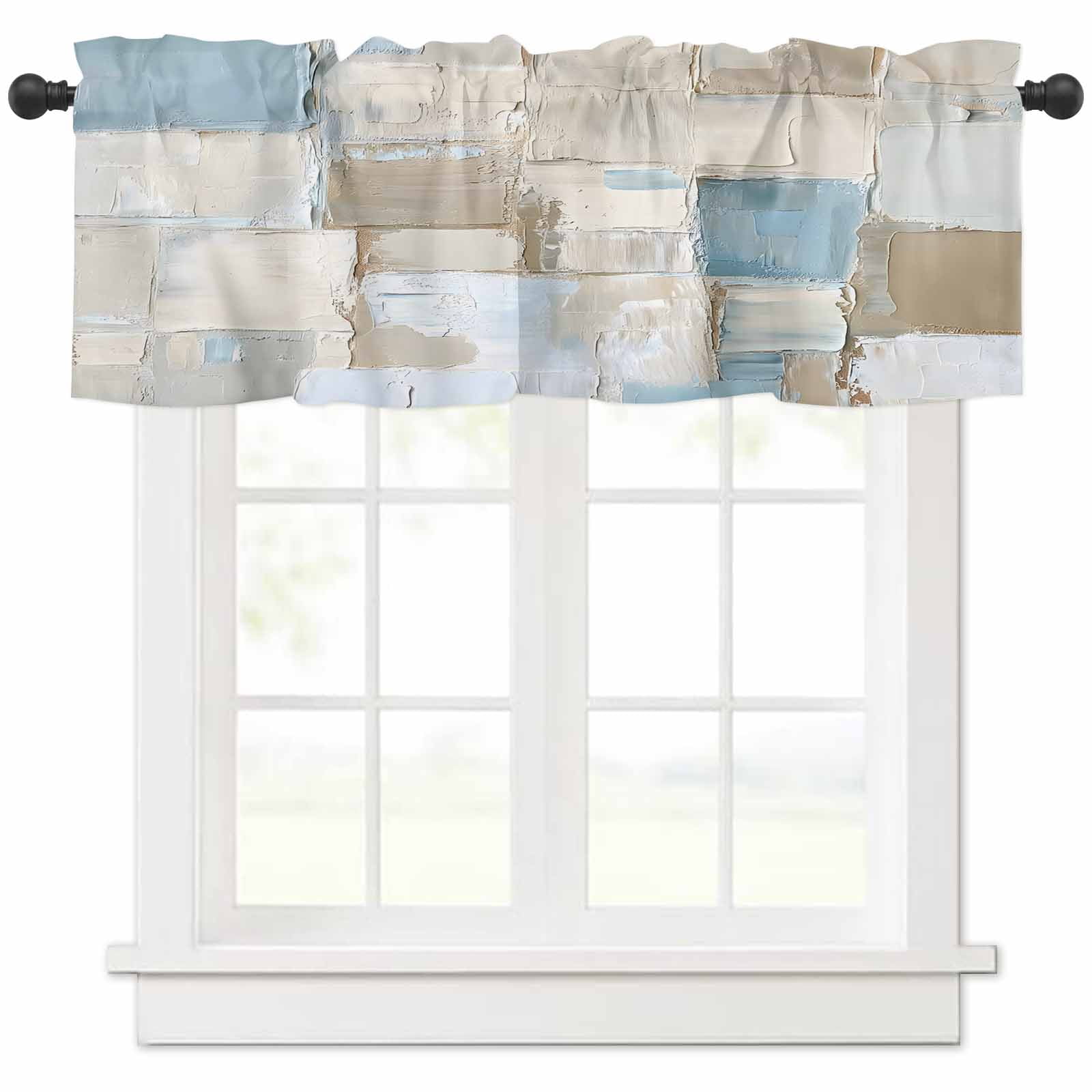 Blue Brown Color Blocks Valances for Windows Farmhouse Kitchen Curtains ...
