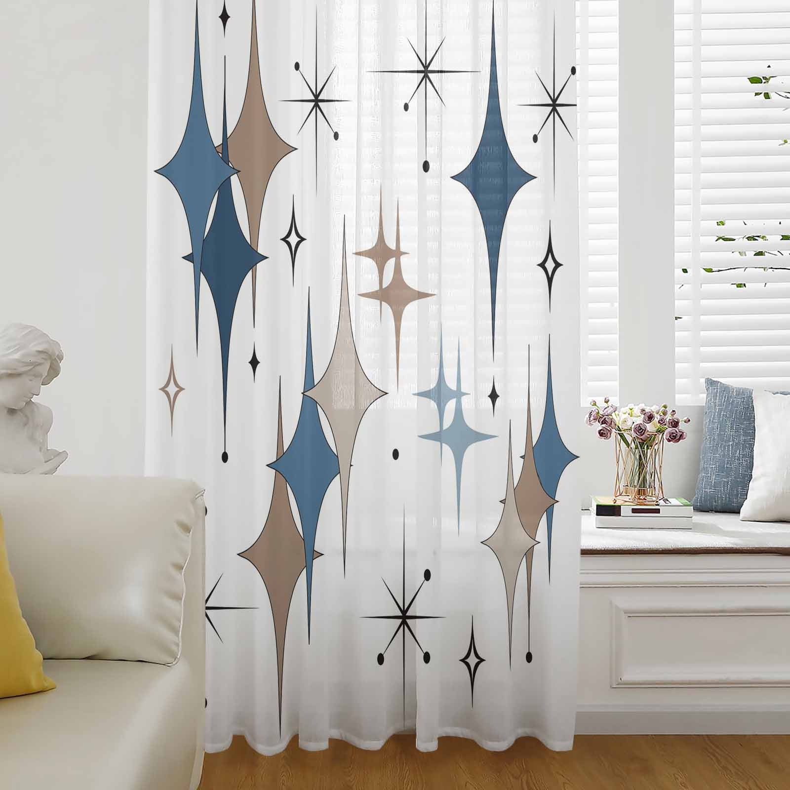 Blue Brown Diamond Semi Sheer Curtains Drapes for Living Room, Bedroom ...