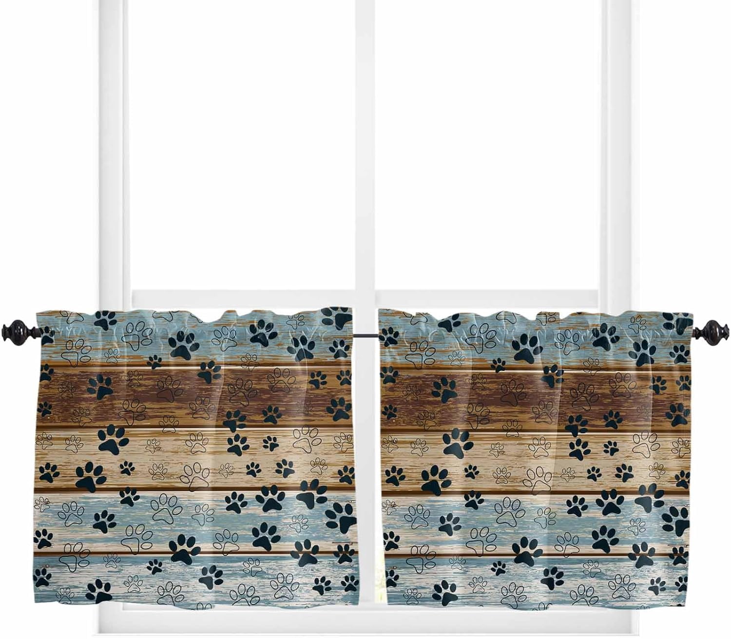 Blue Brown Dog Paw Prints Short Curtains 54 Inch Length - 2 Panels, Rod ...