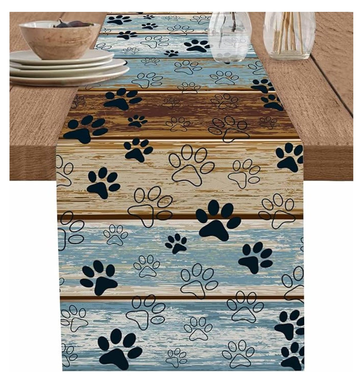 Blue Brown Dog Paw Prints Table Runner - 72 Inch Long Country Farmhouse ...