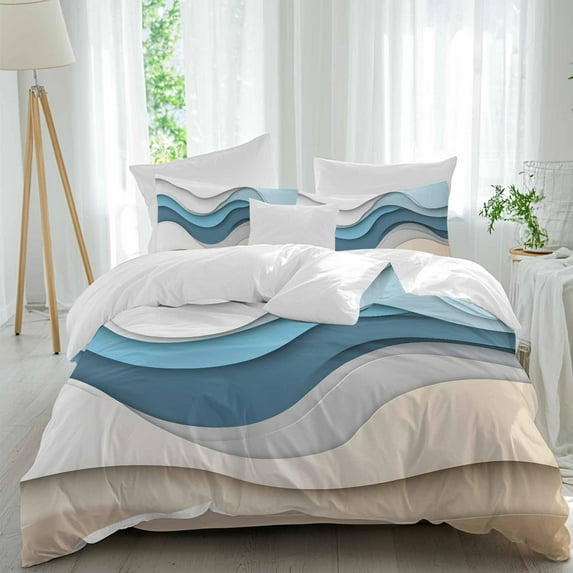 Blue Brown Duvet Cover Set Queen Size, Gradient Wave Abstract Water ...
