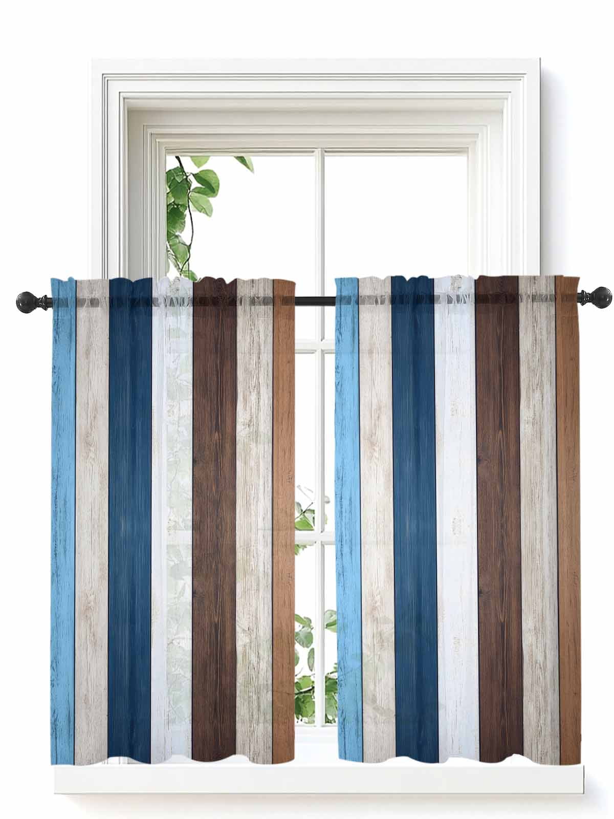 Blue Brown Farmhouse Curtains 45 Inch Length, Sheer Curtains for ...