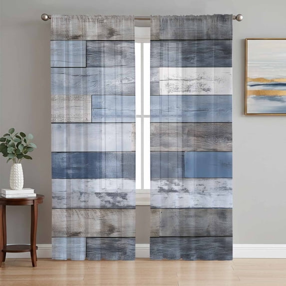 Blue Brown Farmhouse Sheer Curtains 84 Inch Length 2 Panels Set ...