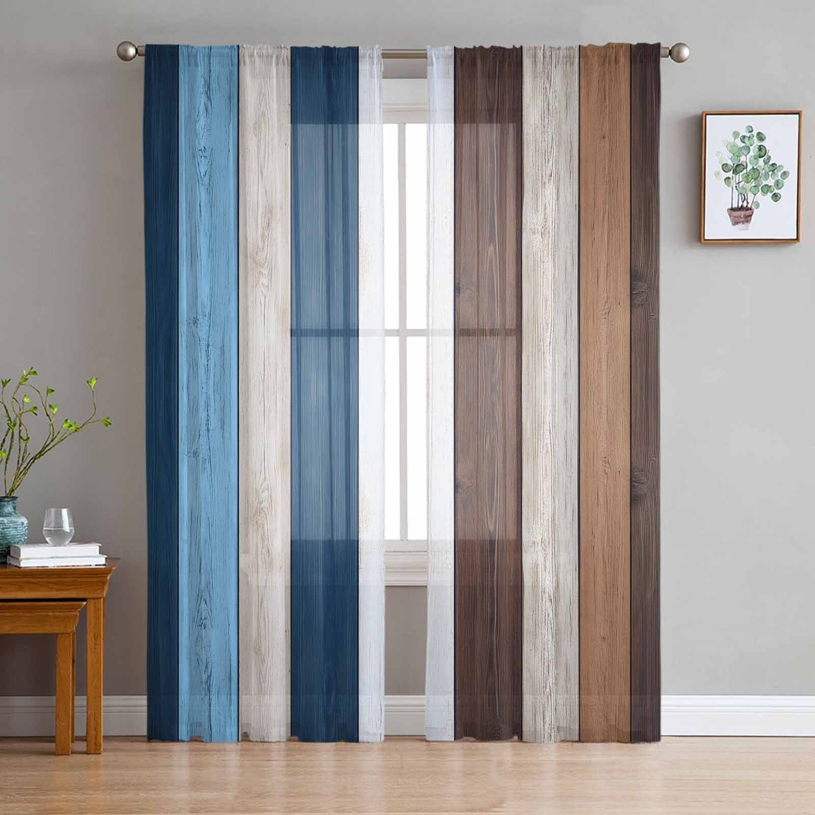 Blue Brown Farmhouse Sheer Curtains 96 Inch Length 2 Panels Set for ...
