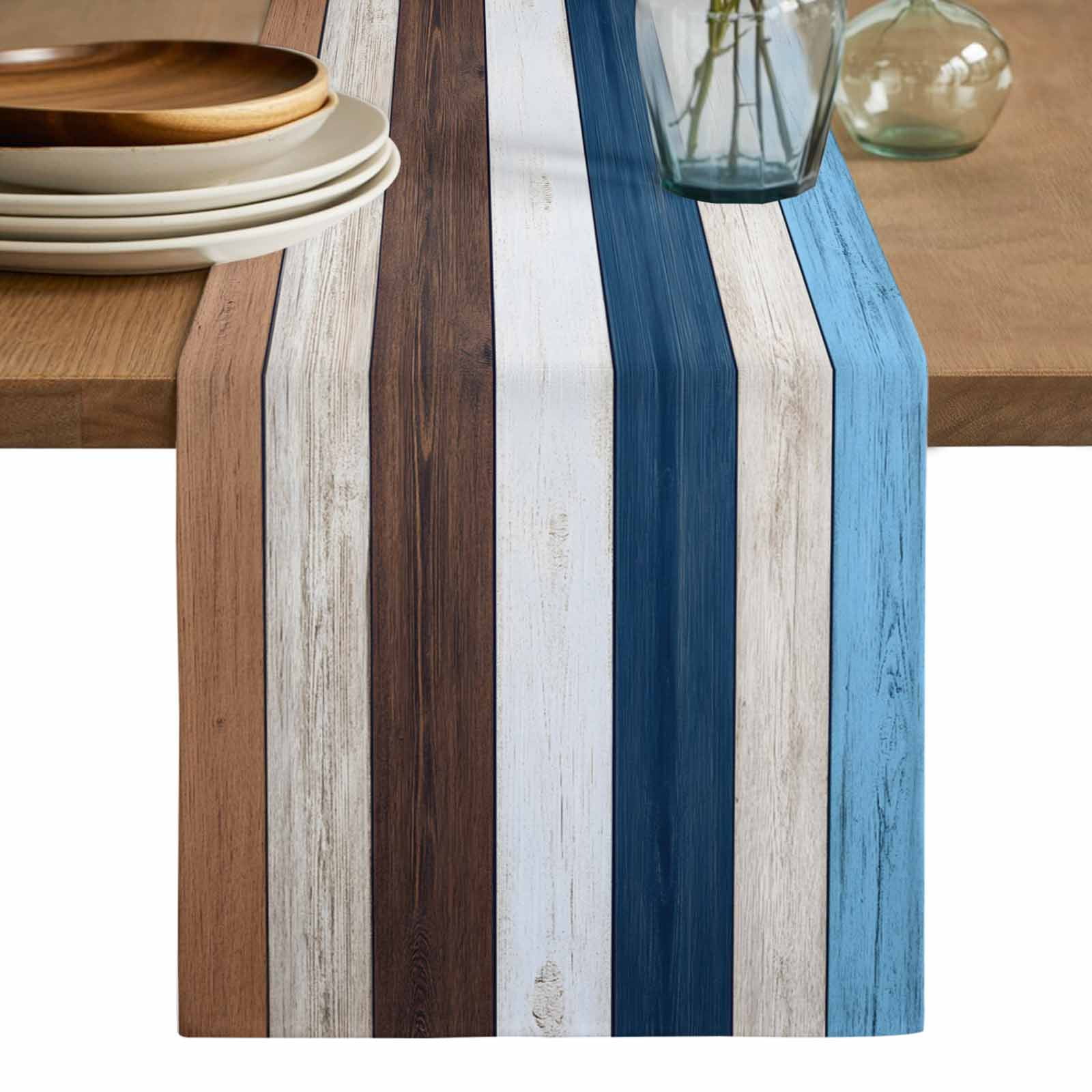 Blue Brown Farmhouse Table Runner, Vintage Retro Wooden Washable Cotton ...