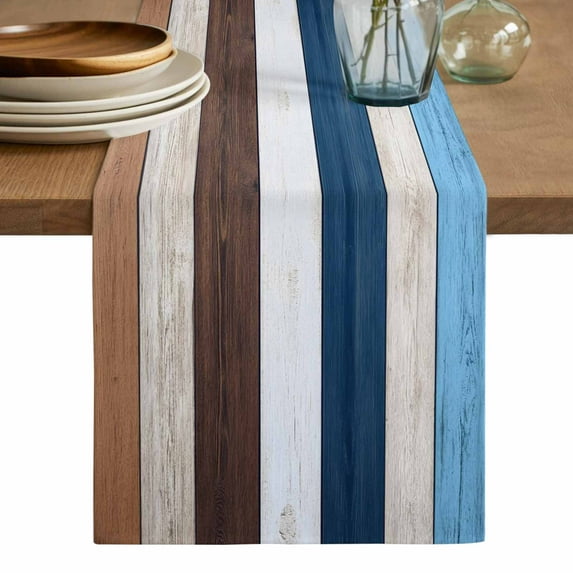 Blue Brown Farmhouse Table Runner, Vintage Retro Wooden Washable Cotton ...