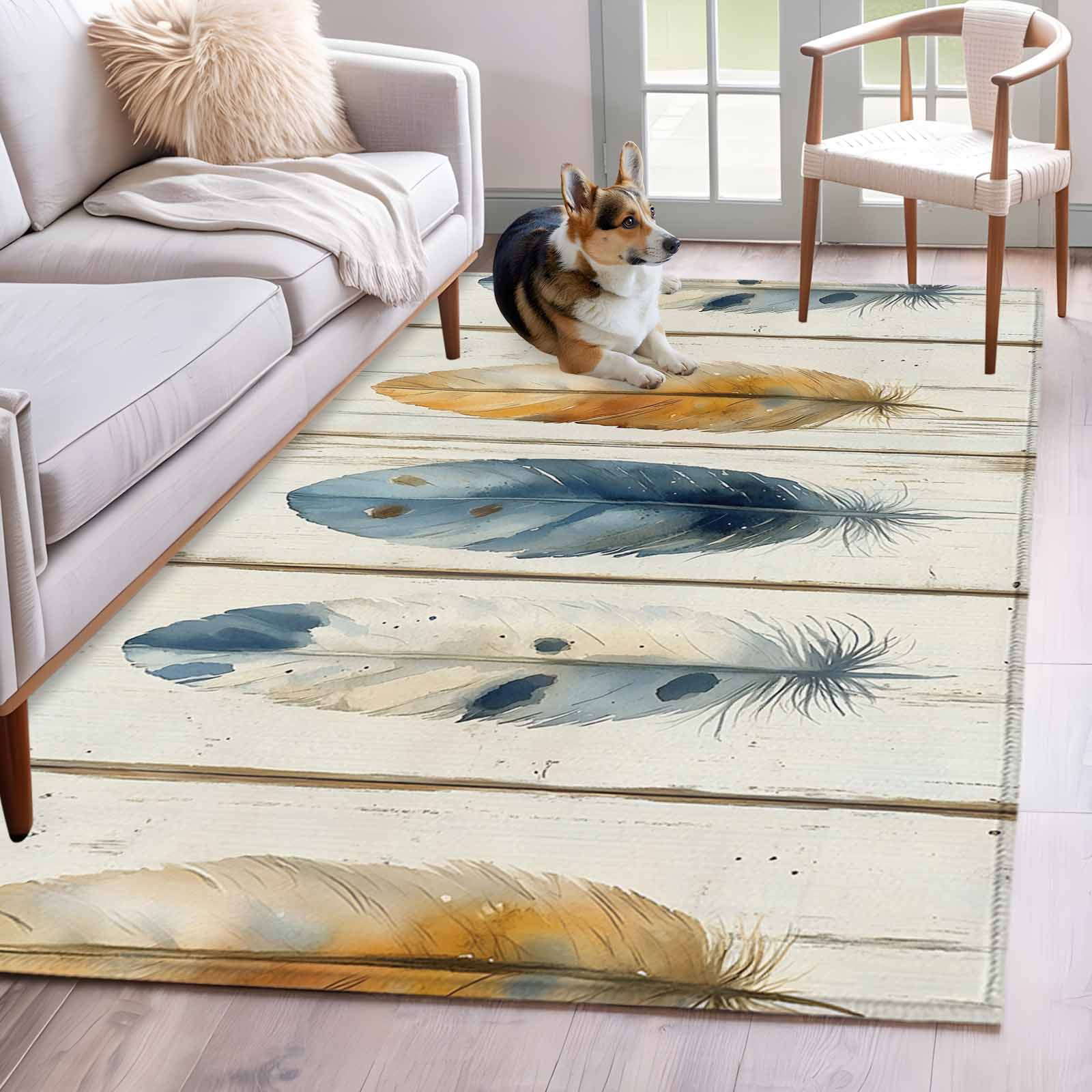 Blue Brown Feathers Area Rug 3x5 FT, Non Slip Entryway Bedside Carpet ...