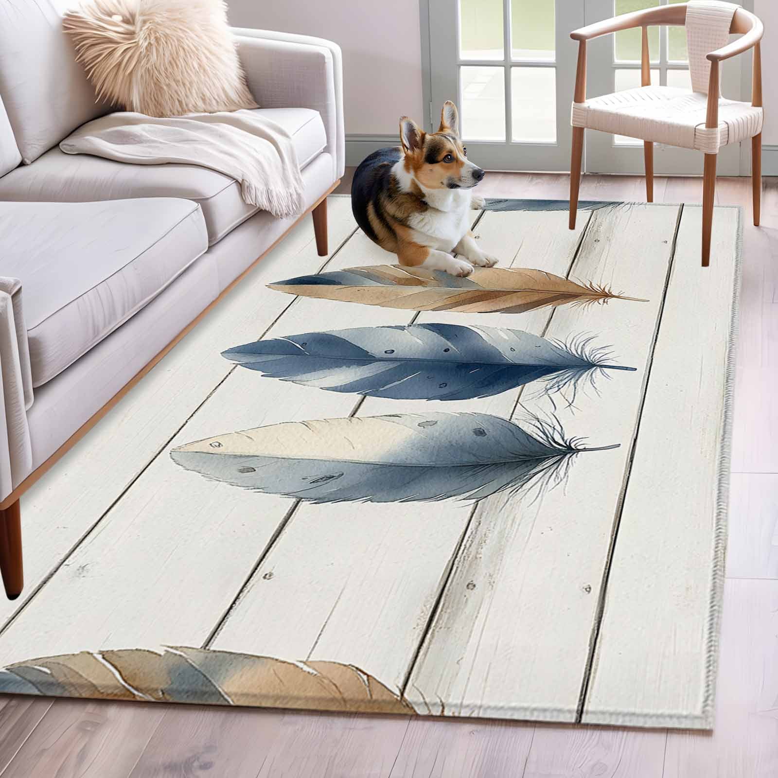 Blue Brown Feathers Area Rug 4x6 Washable Rug Non Slip Boho Vintage ...