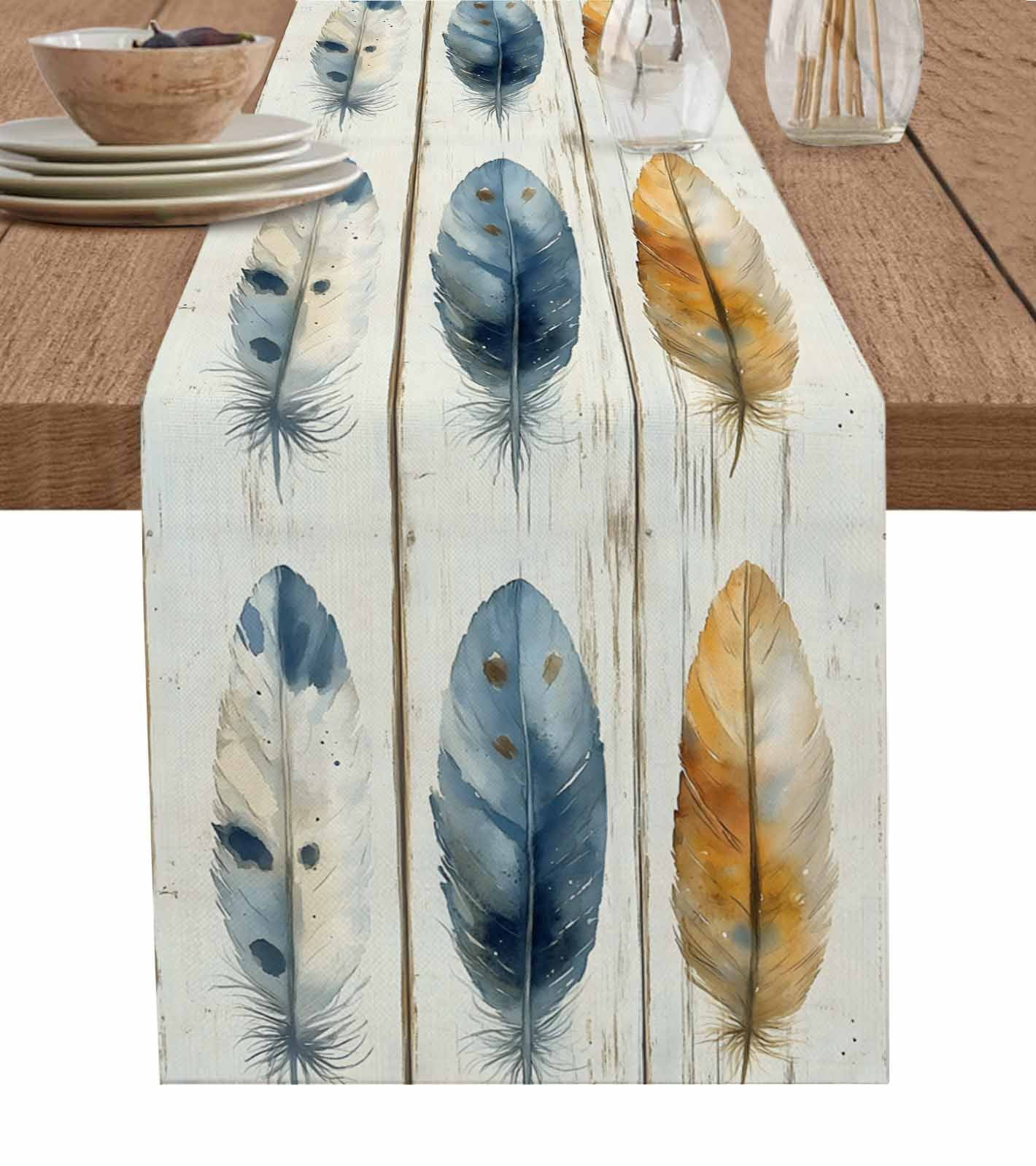 Blue Brown Feathers Burlap Cotton Table Runner 13x70 Inches Long ...