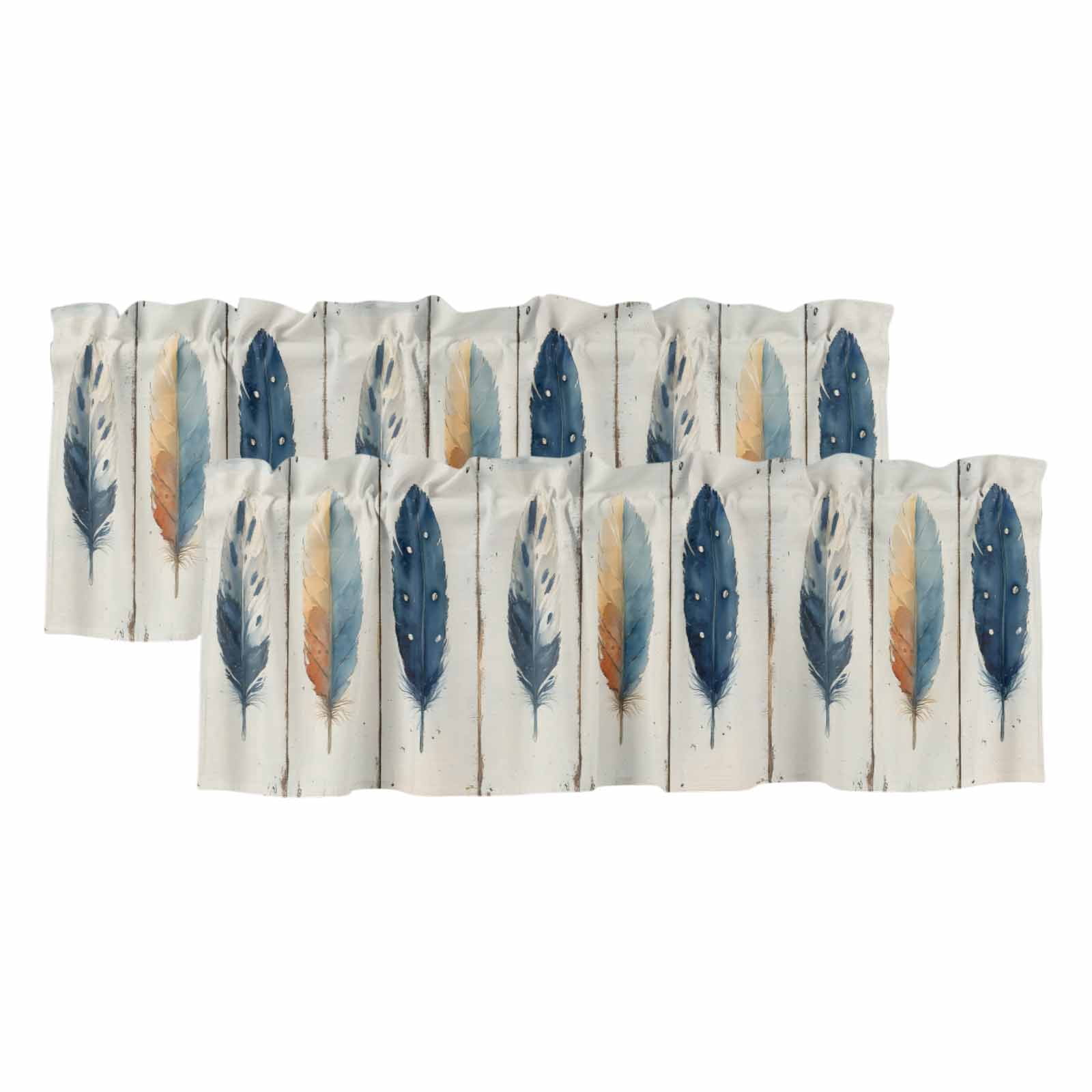 Blue Brown Feathers Curtain Valances for Windows, Kitchen Valance ...