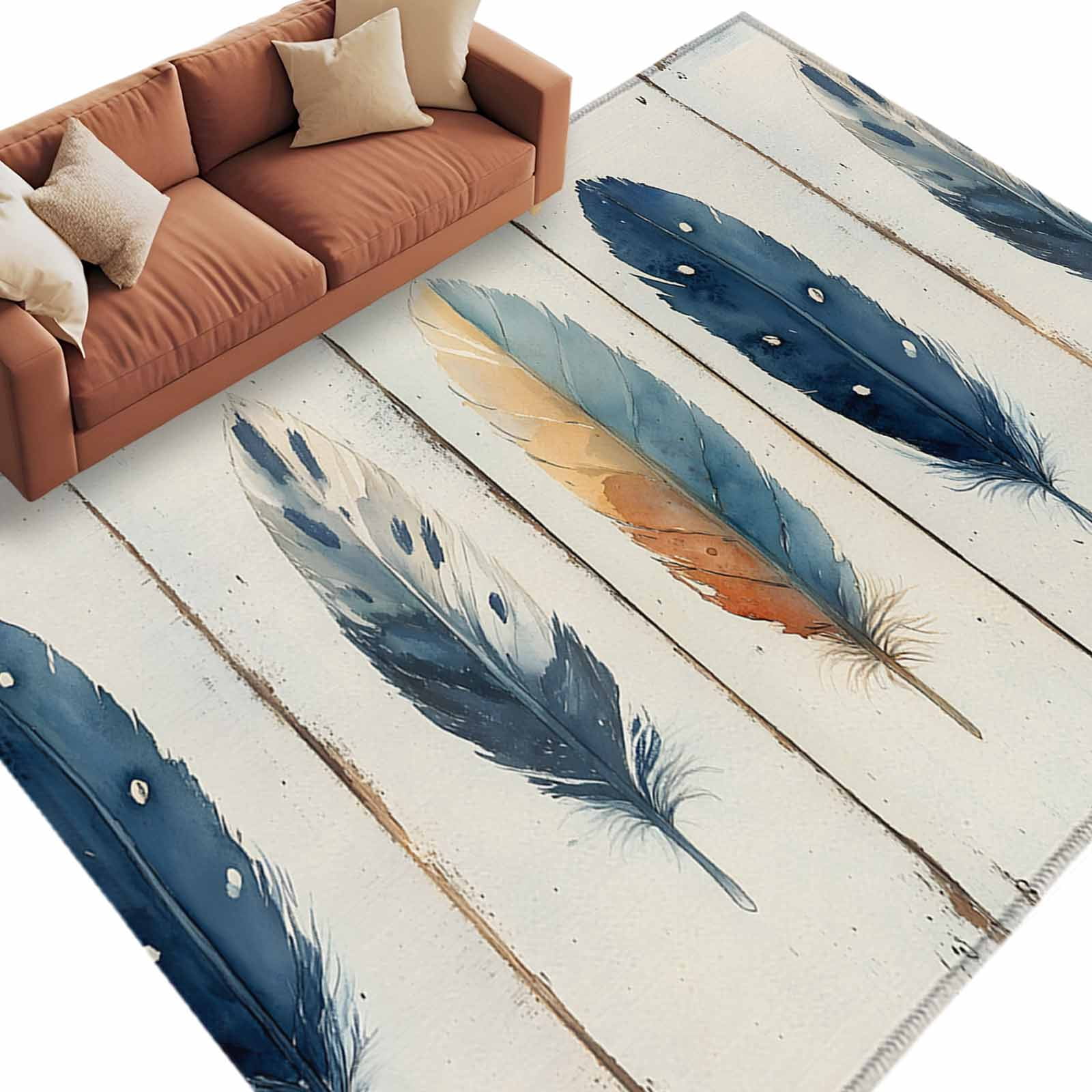 Blue Brown Feathers Large Area Rugs for Bedroom Living Room, Soft Non ...