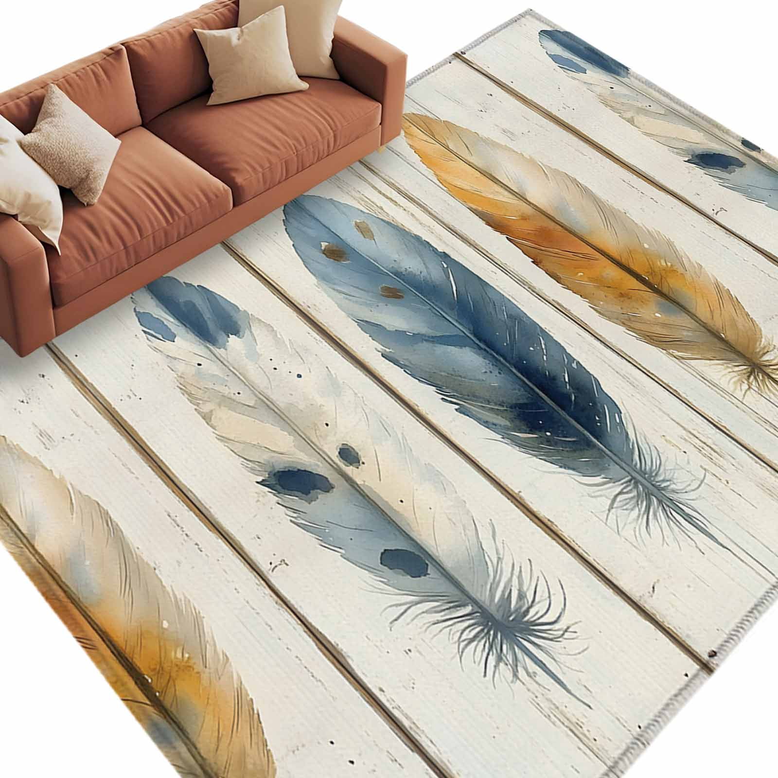 Blue Brown Feathers Large Area Rugs for Bedroom Living Room, Soft Non ...