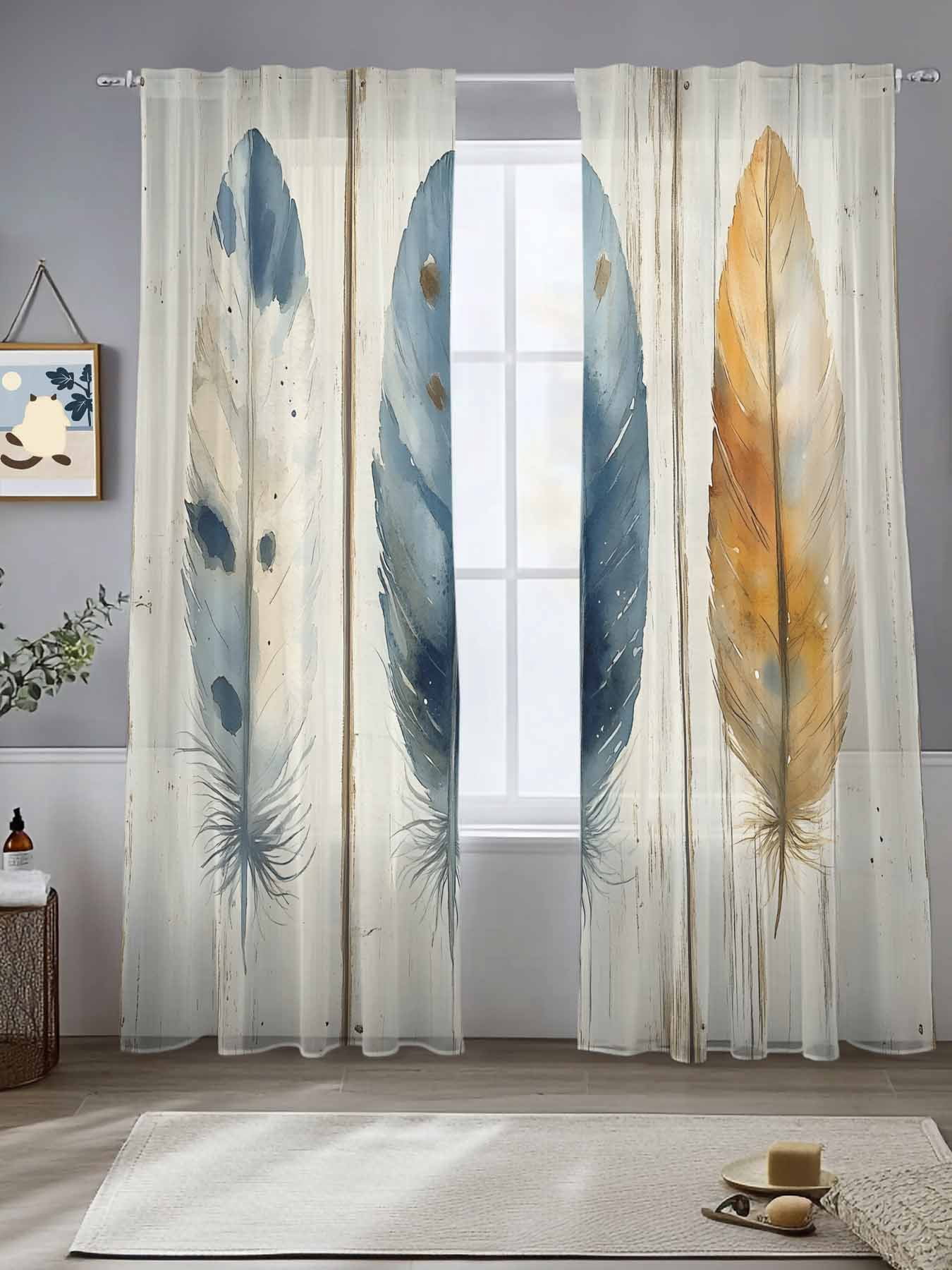Blue Brown Feathers Sheer Curtains for Living Room Bedroom Vintage Boho ...