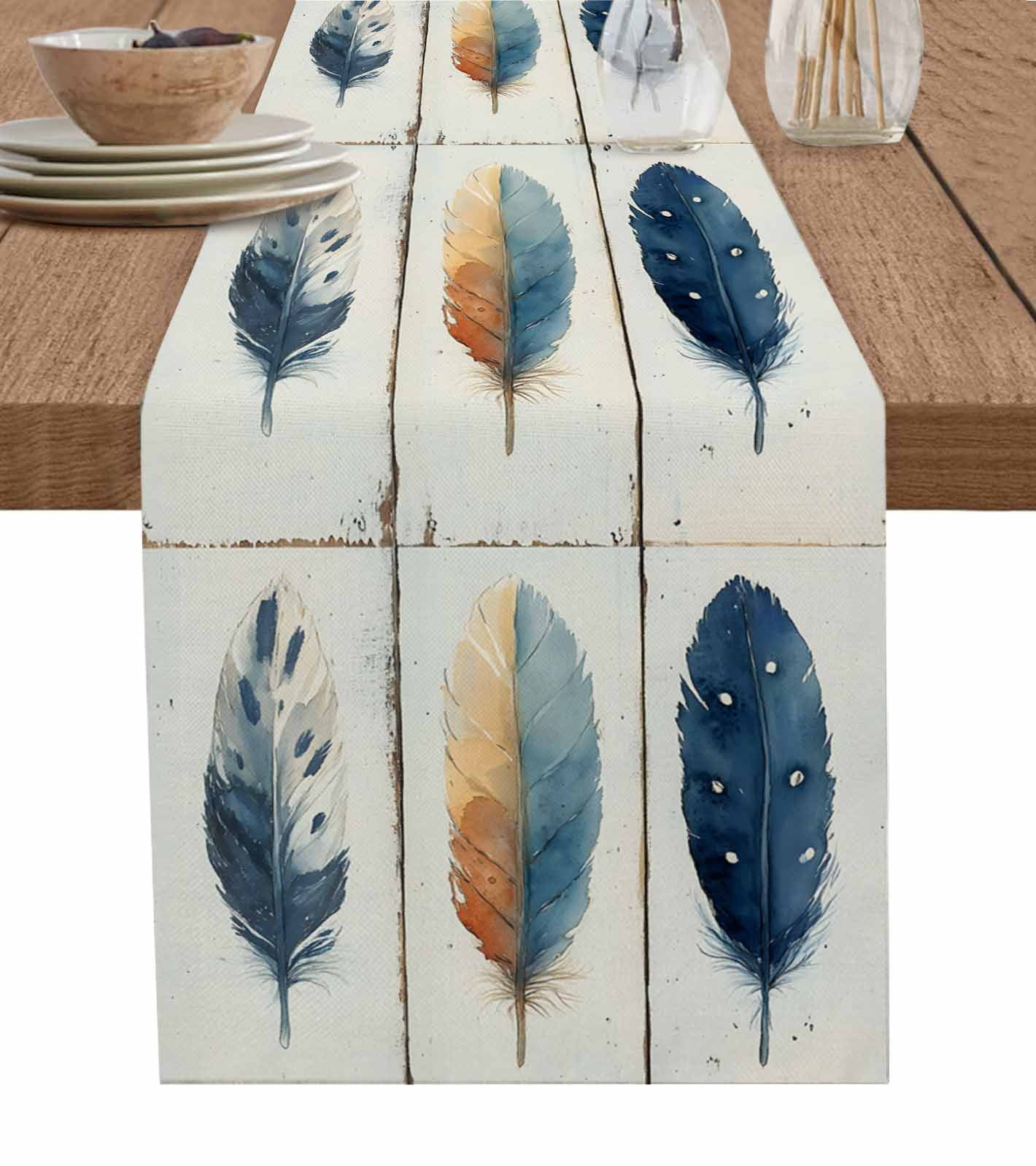 Blue Brown Feathers Table Runner 36 Inches, Boho Ombre Vintage Wooden ...