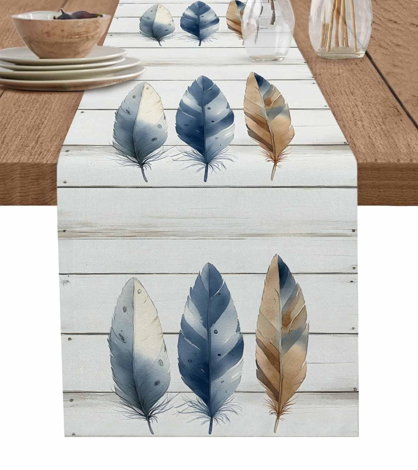 Blue Brown Feathers Table Runner 72 Inches, Boho Vintage Wooden Grain ...