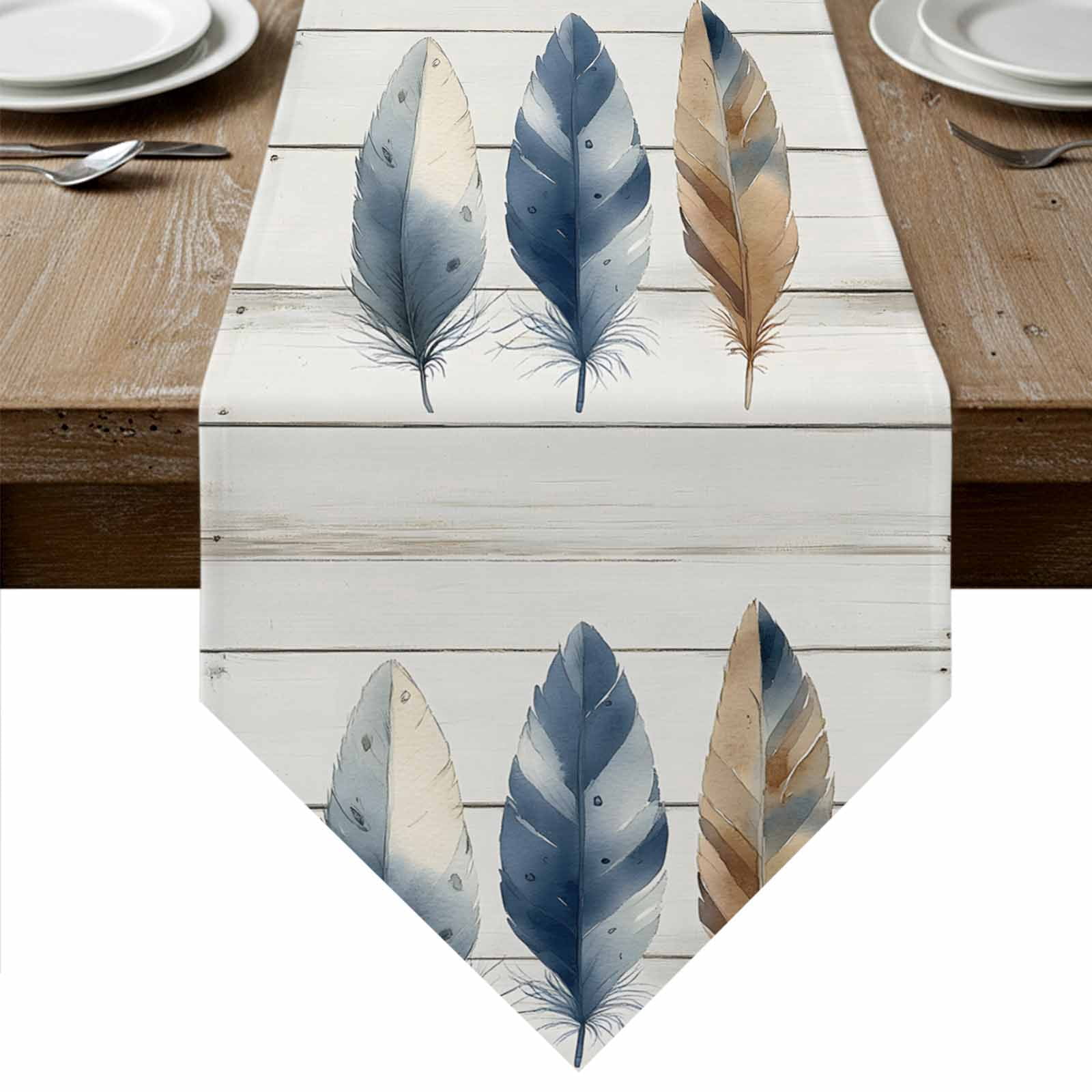 Blue Brown Feathers Table Runner Linen Burlap Table Runner 70 Inches ...