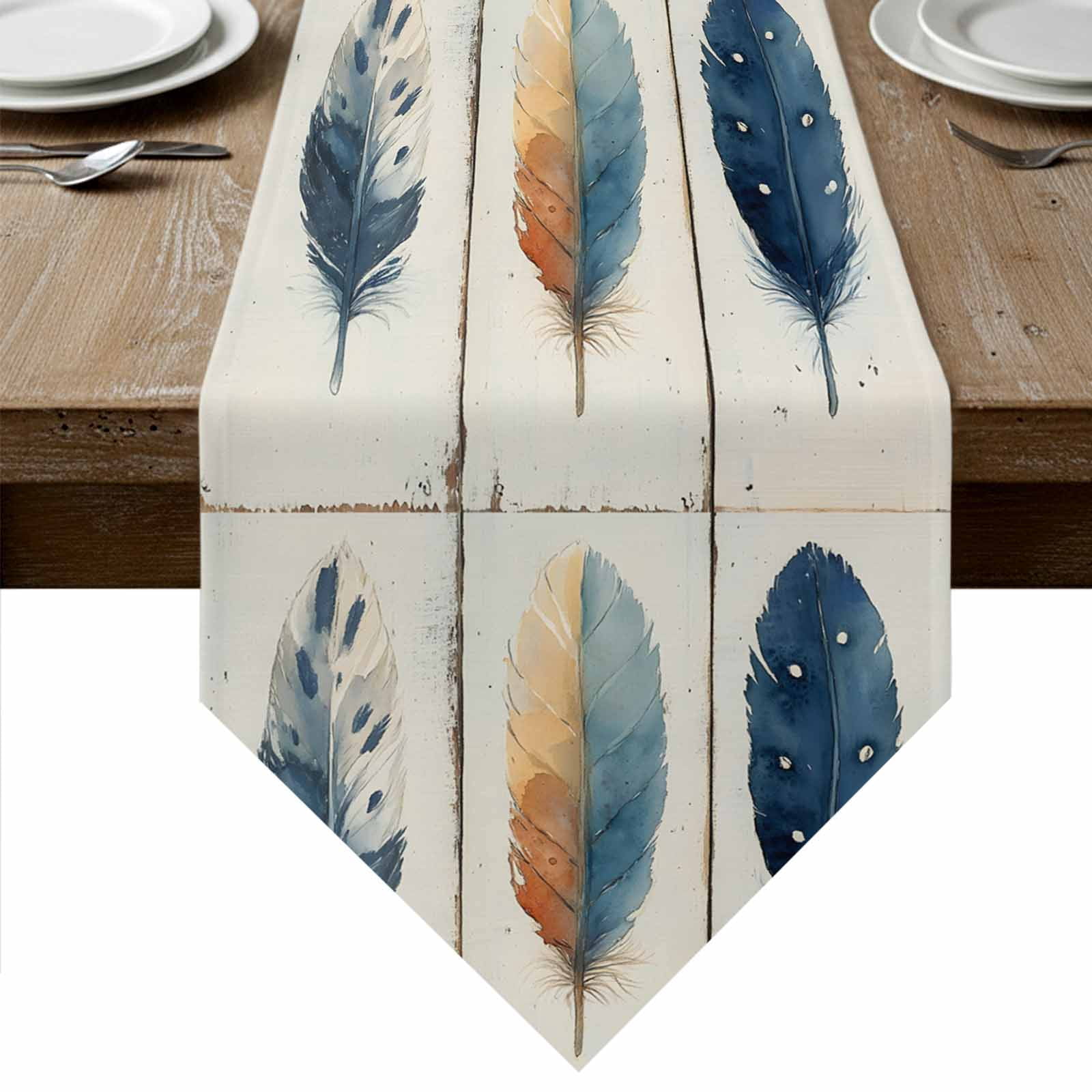 Blue Brown Feathers Table Runner Linen Burlap Table Runner 72 Inches ...