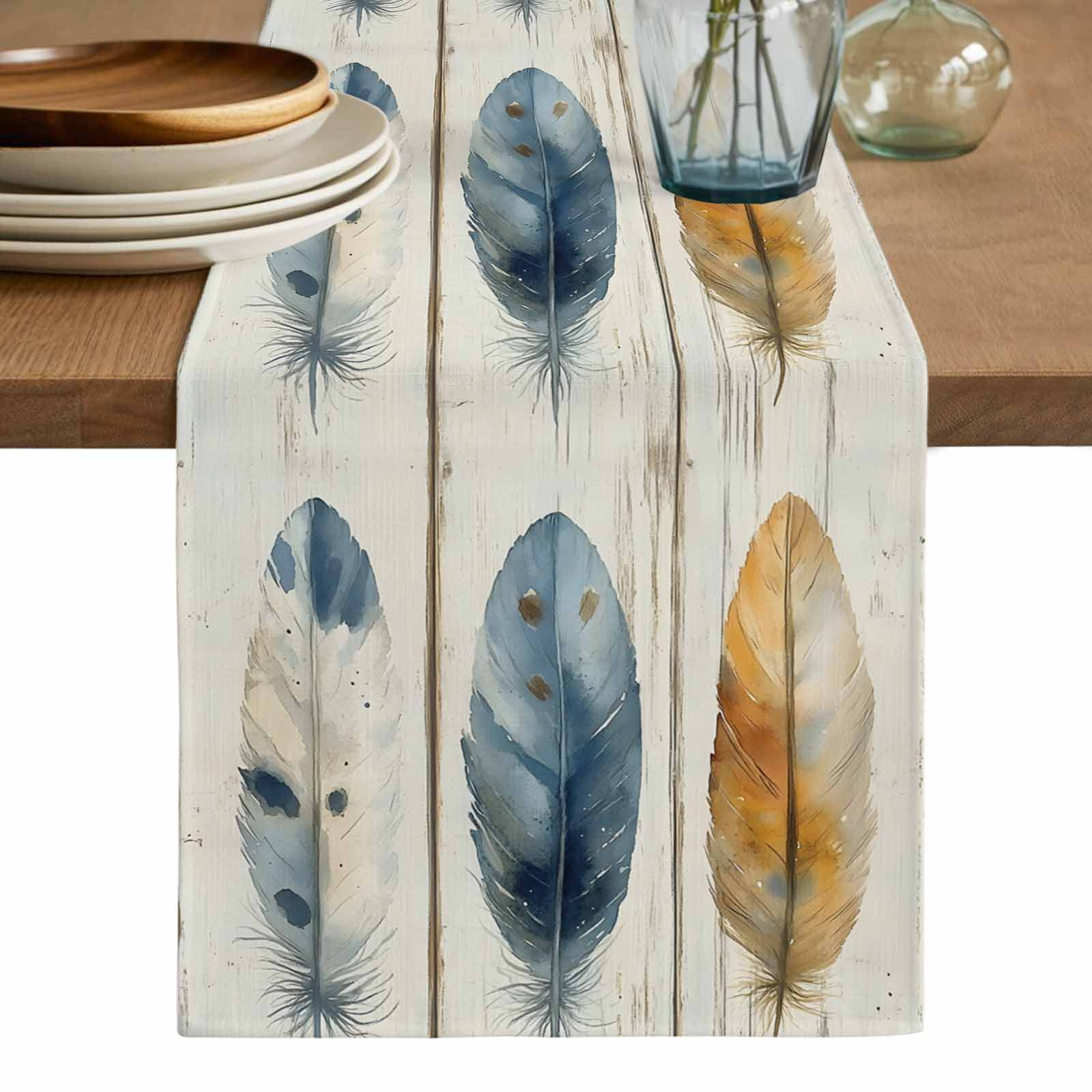 Blue Brown Feathers Table Runner, Vintage Boho Ombre Wood Grain ...