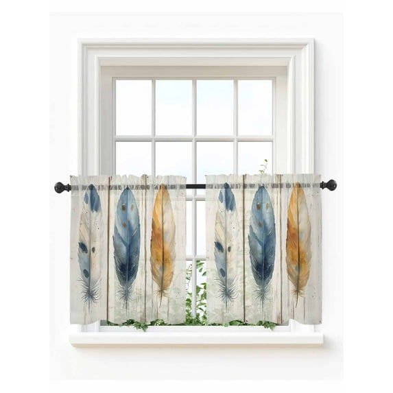 Blue Brown Feathers Tier Curtains 24 Inch Length,Sheer Curtains for ...