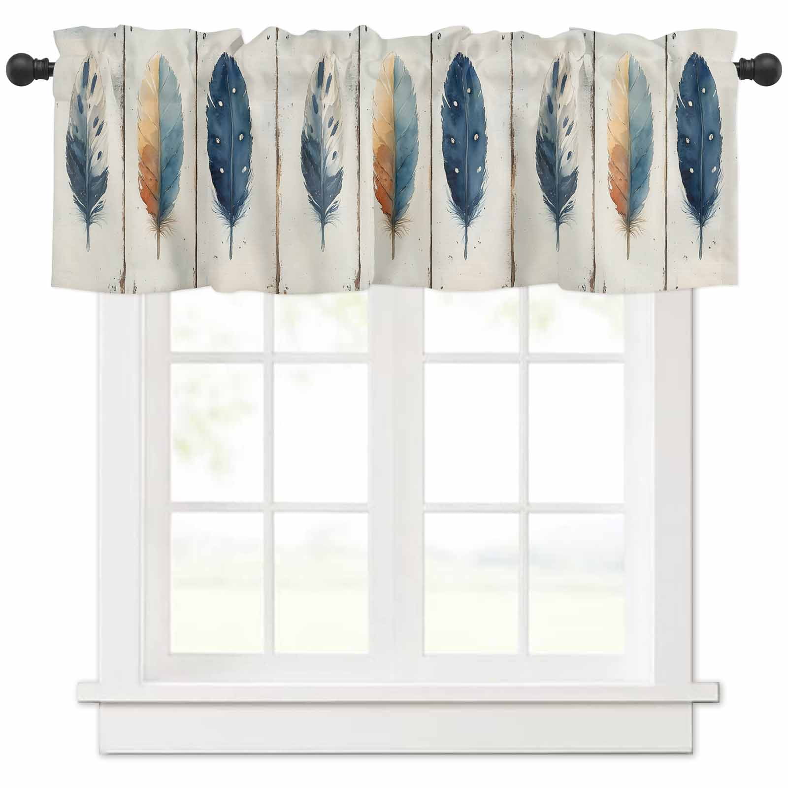 Blue Brown Feathers Valances for Windows Farmhouse Kitchen Curtains ...