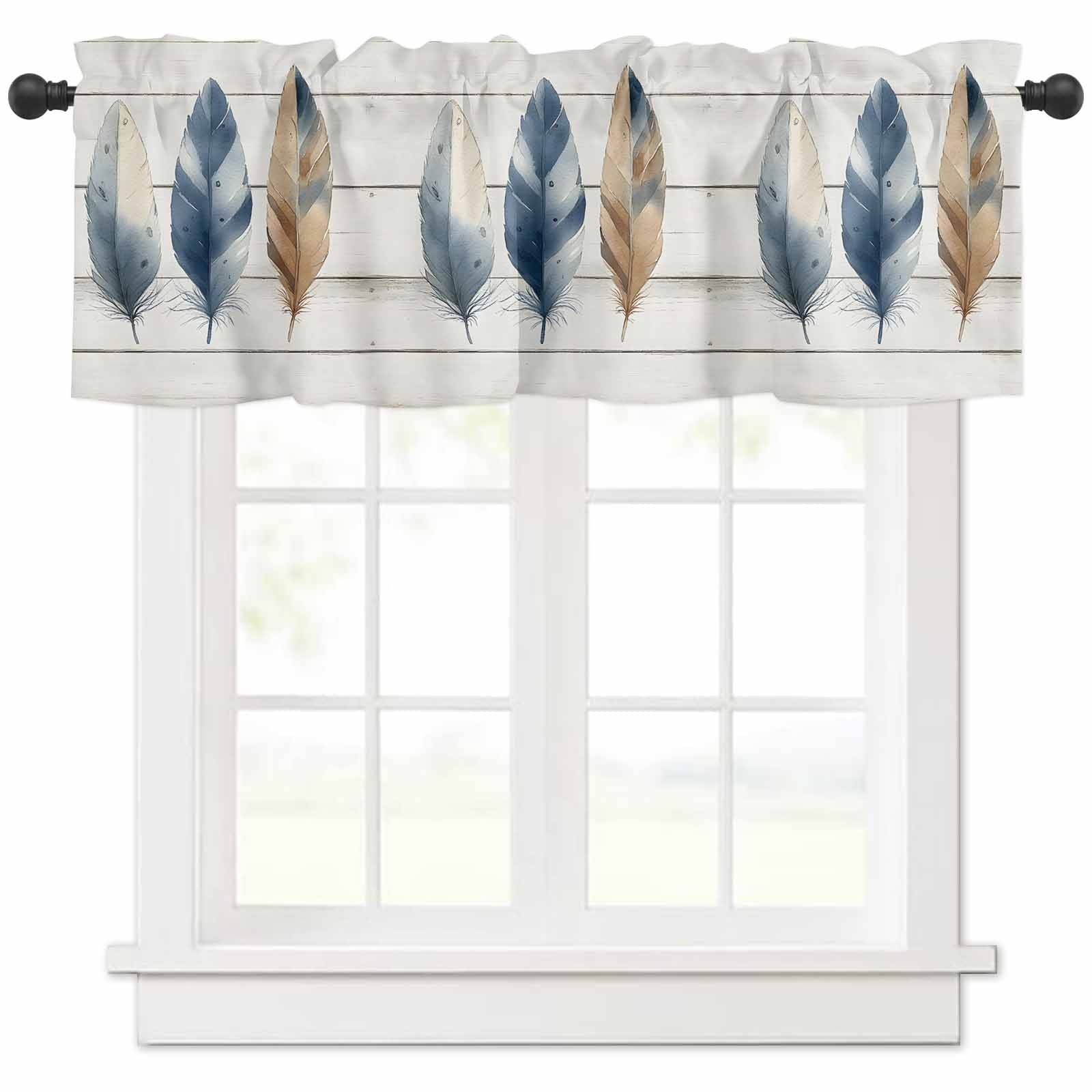 Blue Brown Feathers Valances for Windows Farmhouse Kitchen Curtains ...