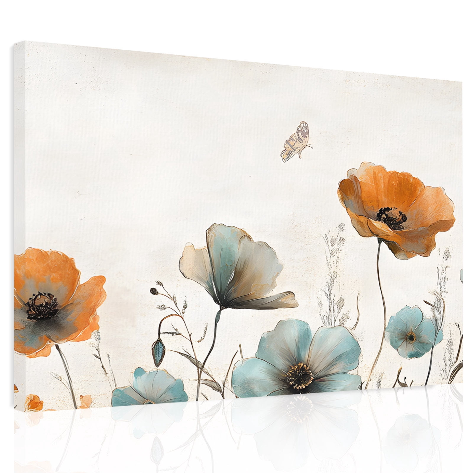 Blue Brown Floral Canvas Print Wall Art, Butterfly Plant Pastoral Style ...
