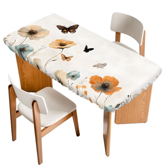 Blue Brown Floral Fitted Rectangle Tablecloth 30" x 60" Butterfly Plant ...