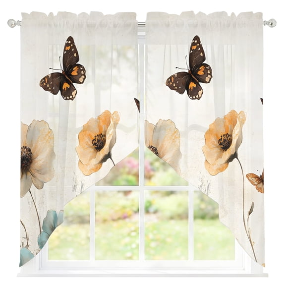 Blue Brown Floral Sheer Curtains Swag Valances for Windows Butterfly ...