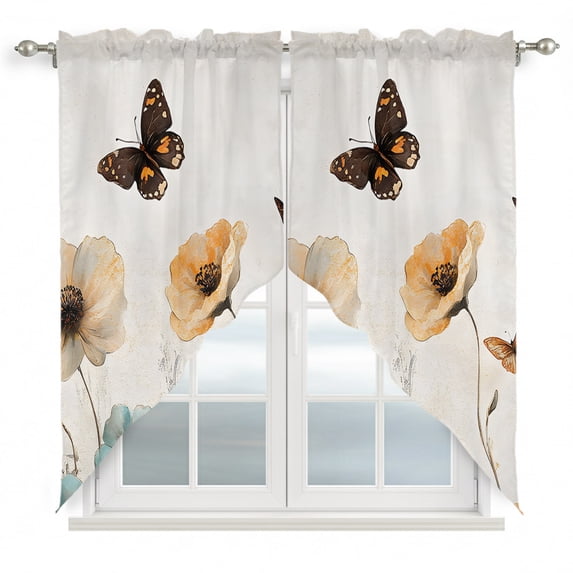 Blue Brown Floral Swag Curtain Valance for Window 2 Panels Butterfly ...