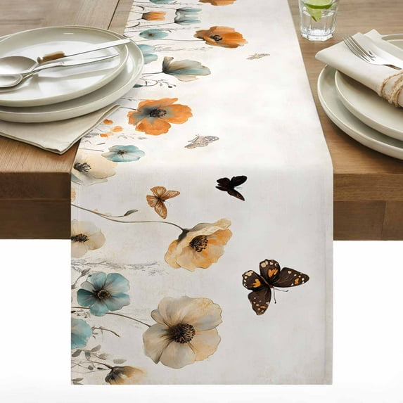Blue Brown Floral Table Runner 13x60 inch Butterfly Plant Cotton Linen ...