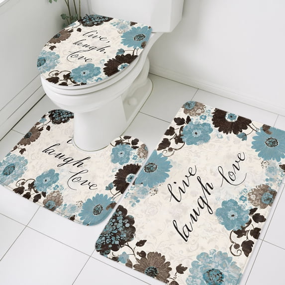 Blue Brown Flower Bathroom Rugs Set Laugh Love Live Plant Farmhouse Non ...