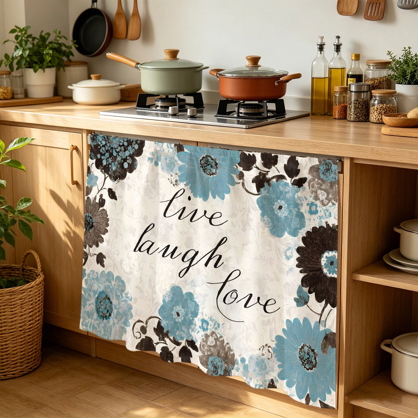 Blue Brown Flower Cabinet Curtains 35" W x 35" L, Laugh Love Live Plant ...