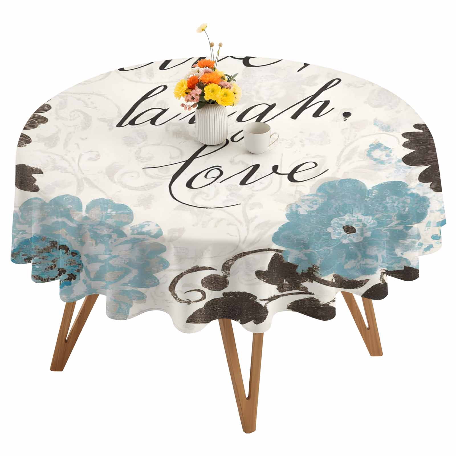 Blue Brown Flower Round Tablecloth 60 inches Laugh Love Live Plant ...