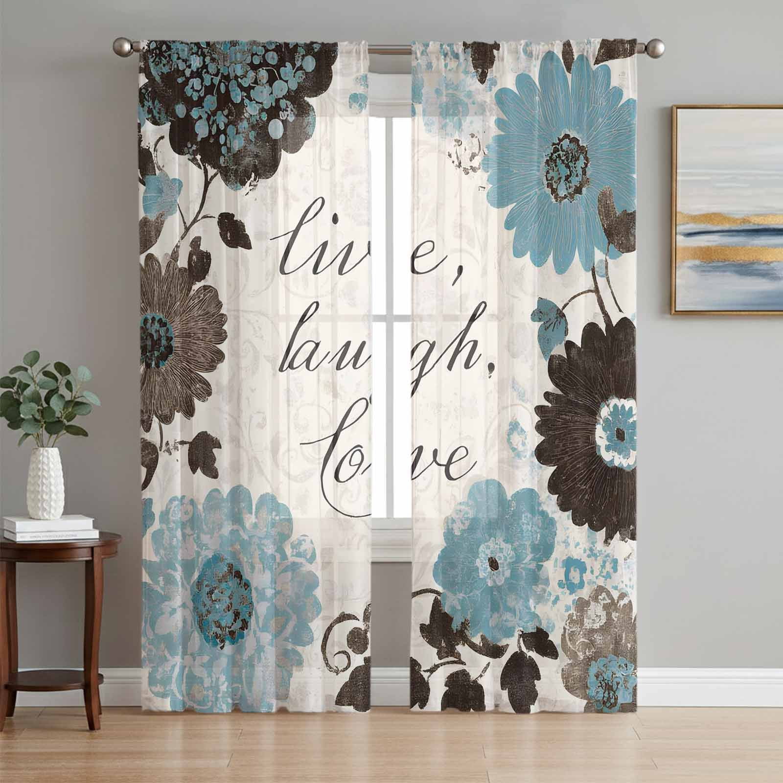 Blue Brown Flower Sheer Curtains for Living Room Bedroom, Laugh Love ...