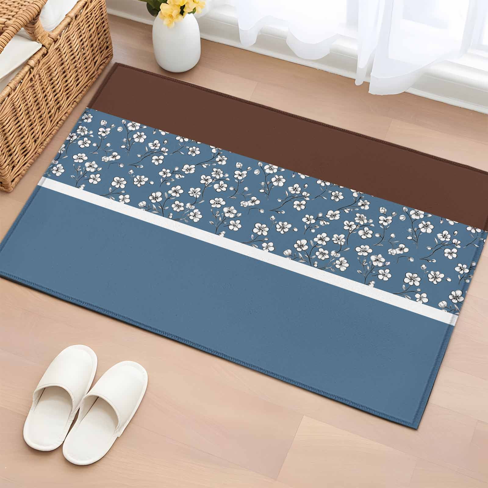 Blue Brown Flowers Bathroom Rug Washable 2x3 Entryway Rug Non Slip ...