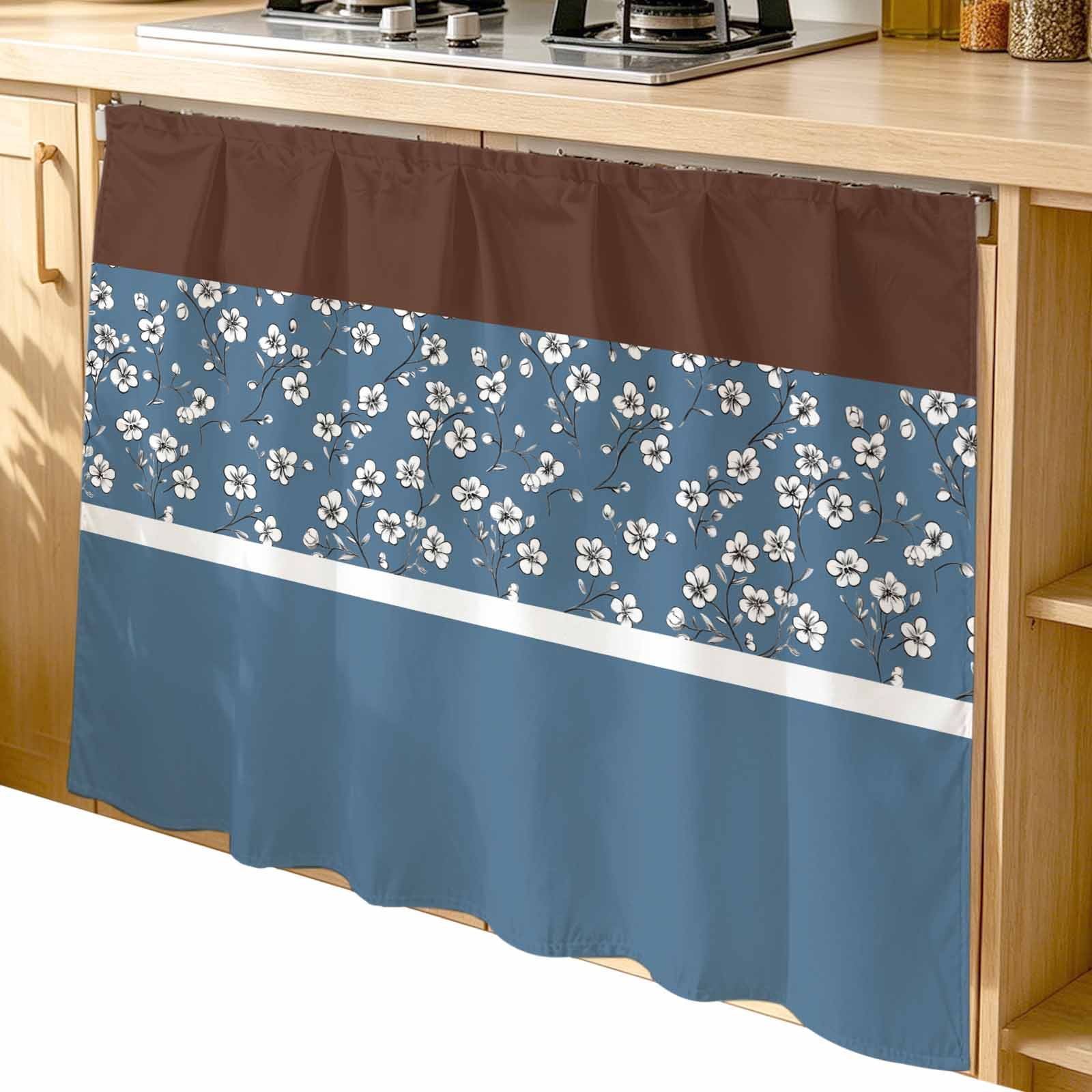 Blue Brown Flowers Cabinet Curtains 35"W x 35"L,Dustproof Sink Skirt ...
